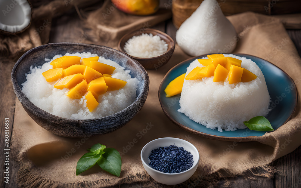 Thai mango sticky rice, ripe mango, blue rice, coconut milk, tropical ...