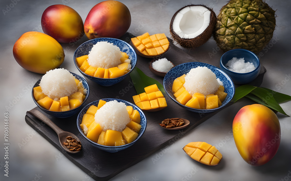 Thai mango sticky rice, ripe mango, blue rice, coconut milk, tropical ...