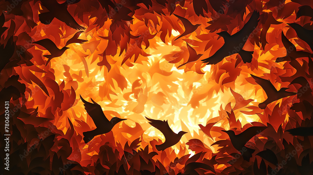 A powerful scene depicting birds fleeing from a wild forest fire ...