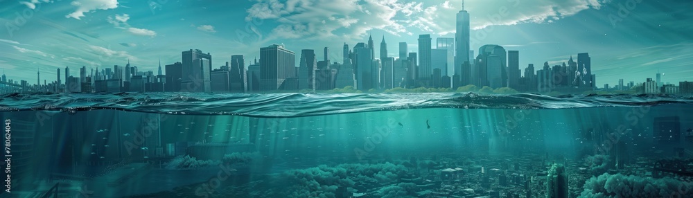 Global warming, a city submerged underwater due to rising sea levels ...