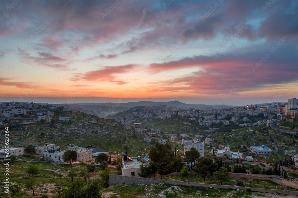Sunrise in Palestine, a peaceful landscape at dawn. night lights in old ...