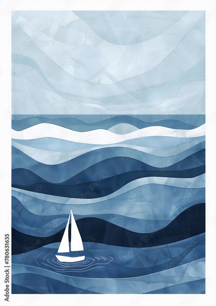 Minimalist poster design of one single tiny small white sail boat in ...
