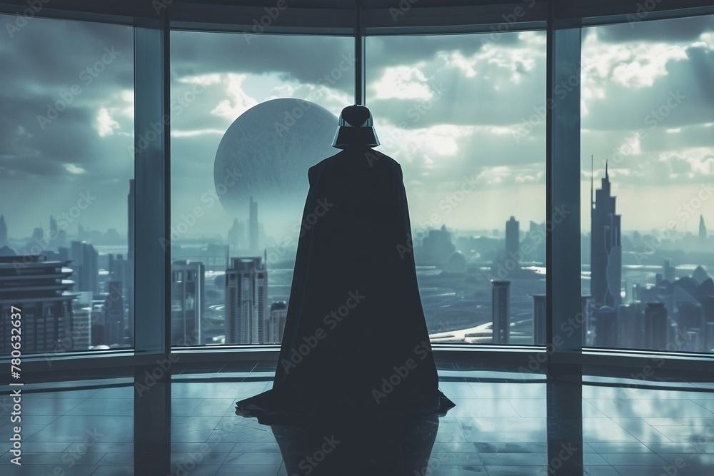 The majestic figure of a space emperor silhouetted against a large ...