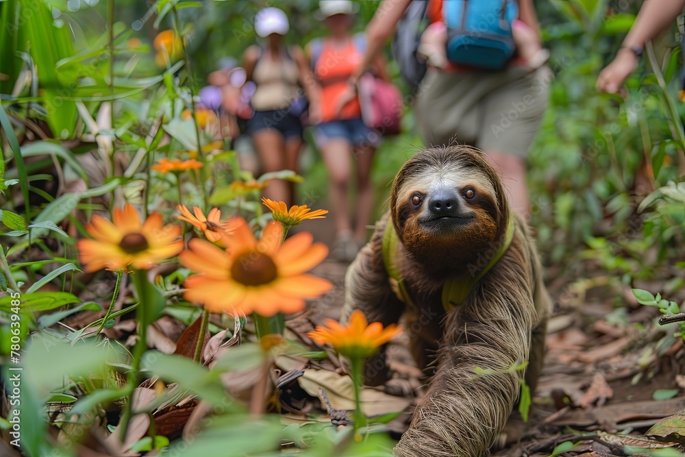 sloth leading a group of hikers on a nature trail, taking its time to ...