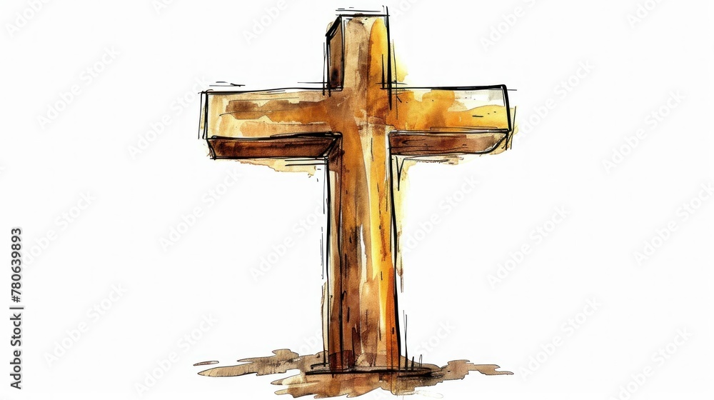 Watercolor illustration of a wooden cross on a white background with ...