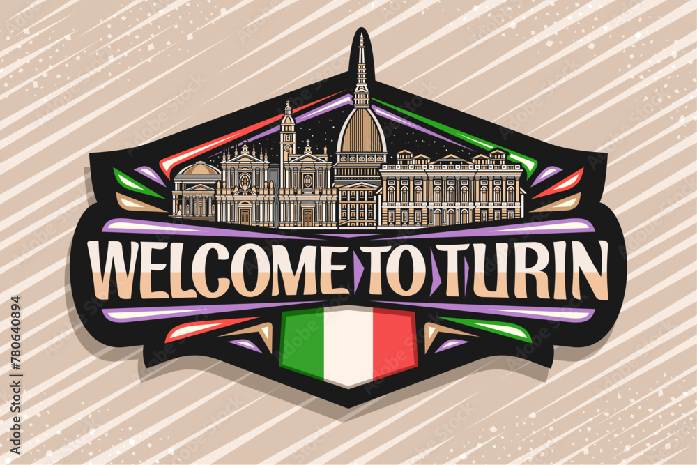 Vector logo for Turin, black decorative tag with outline illustration ...