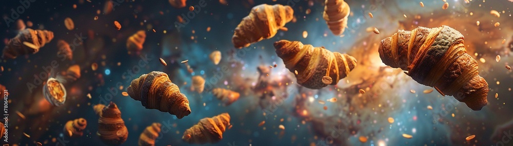 Floating croissants in a coffee nebula, cosmic avant-garde bakery ...