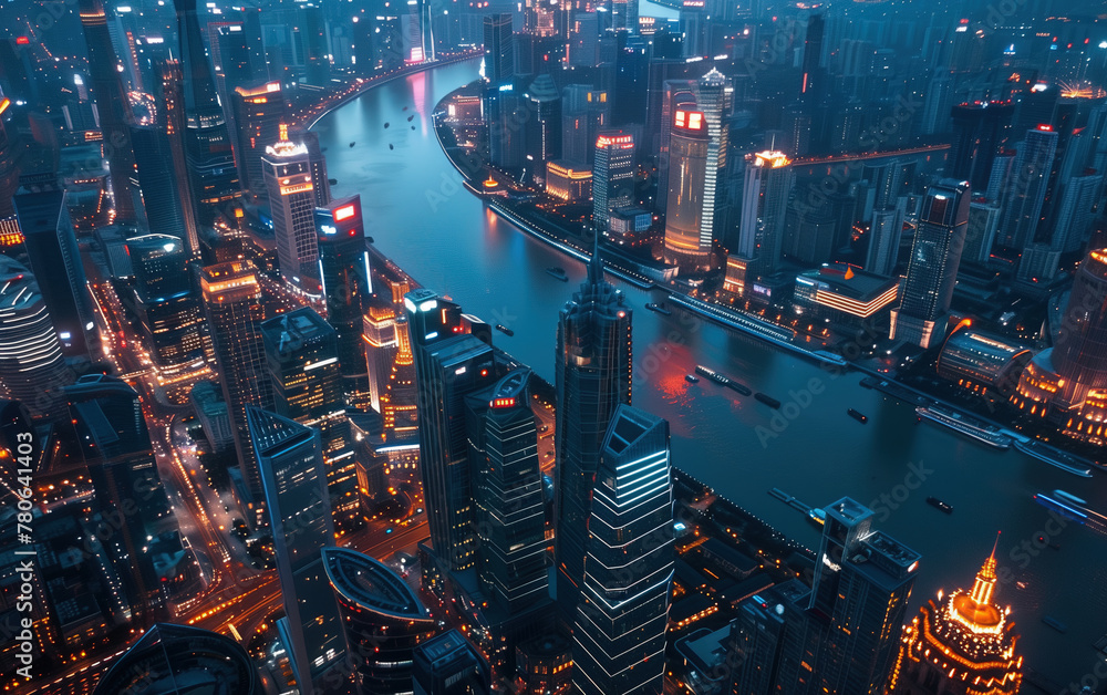 China riverside city night scenery,created with Generative AI tecnology ...