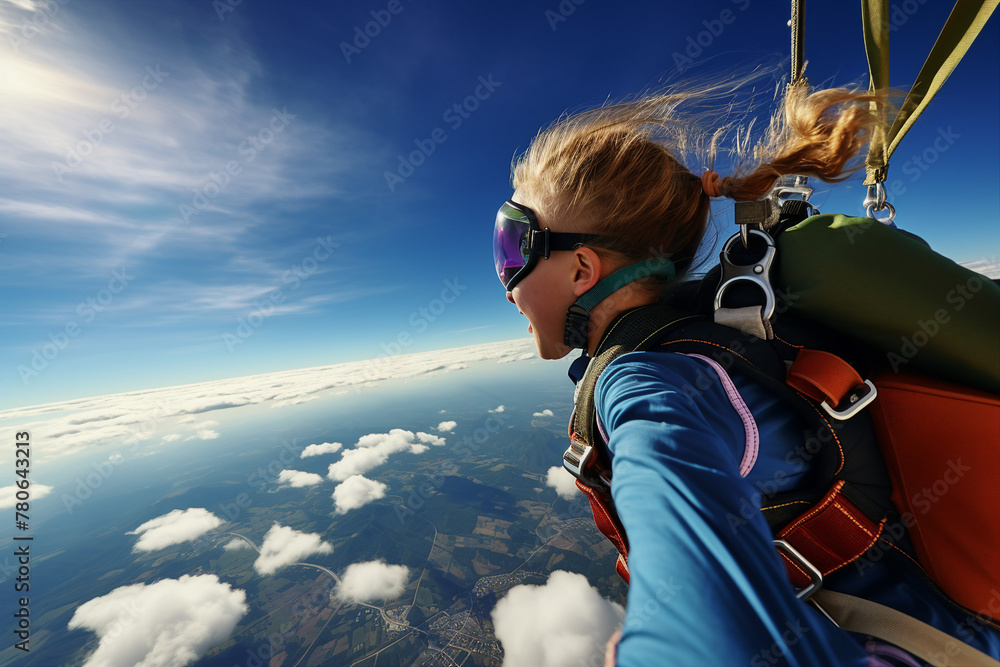 Beautiful young woman jumps with a parachute flies in the sky screams ...