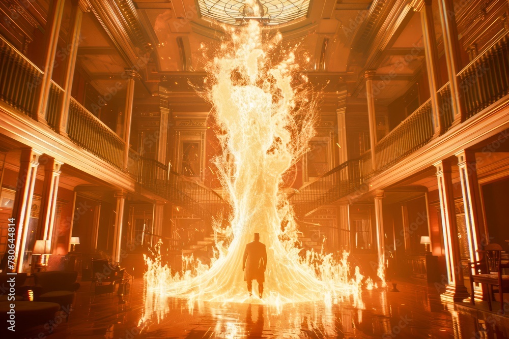 Majestic Fiery Whirl in Grand Hall with Silhouette of Person Standing ...
