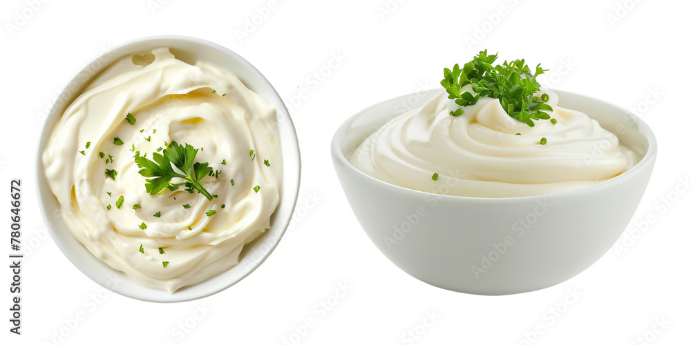 Bowl with white mayonnaise dip, side and top view, food bundle ...