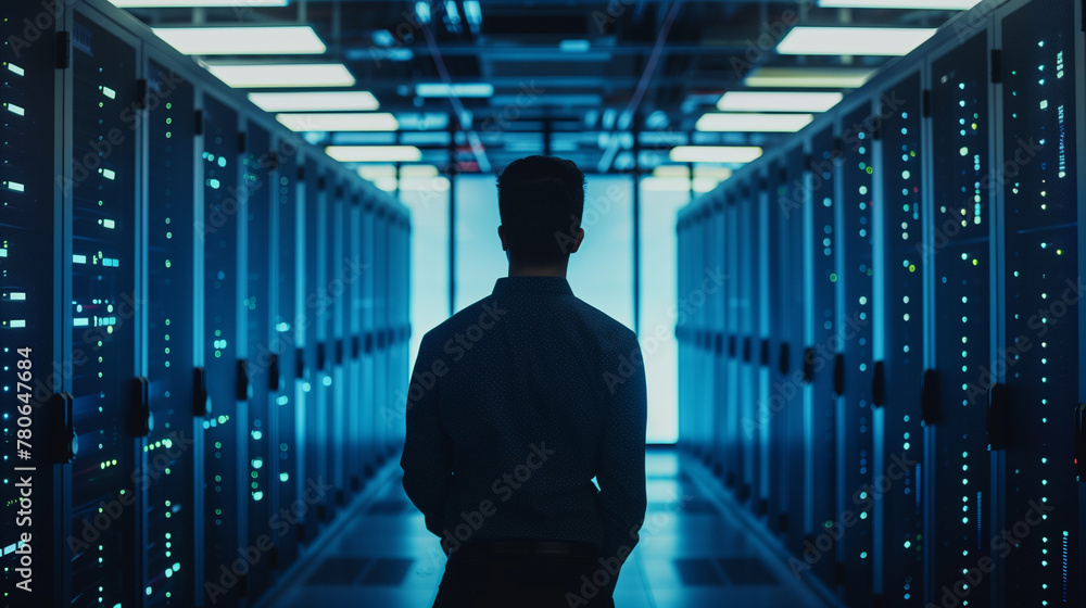 A horizontal side view shot of an IT technician working and checking ...