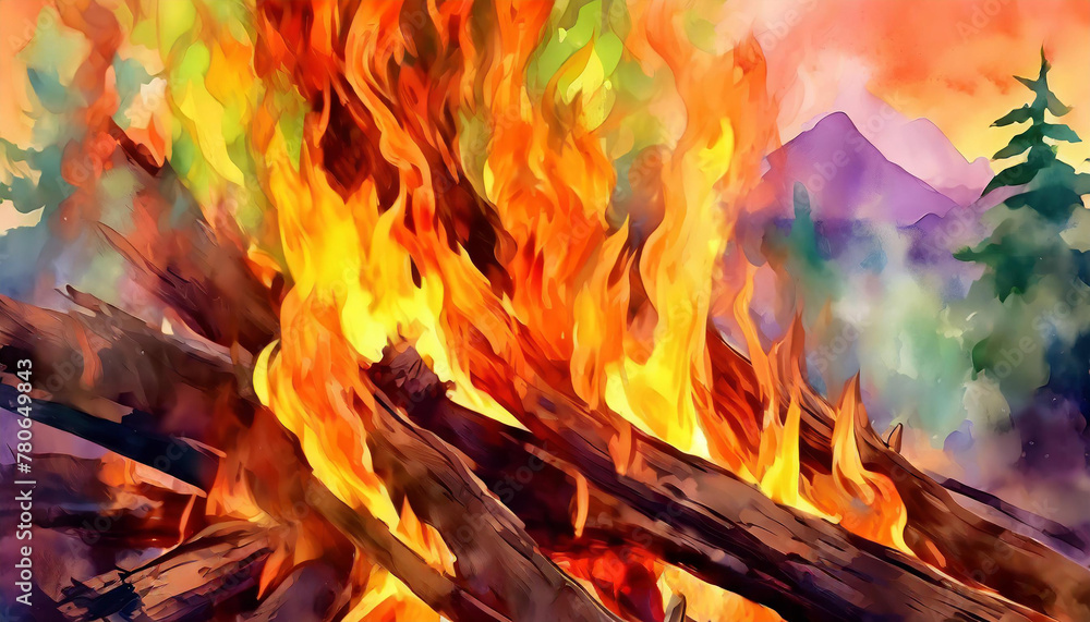 Foto de close up of a wood fire with amber flames and smoke swirling ...