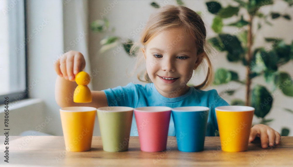 The girl learns colors by playing with wooden cylindrical toy colored ...