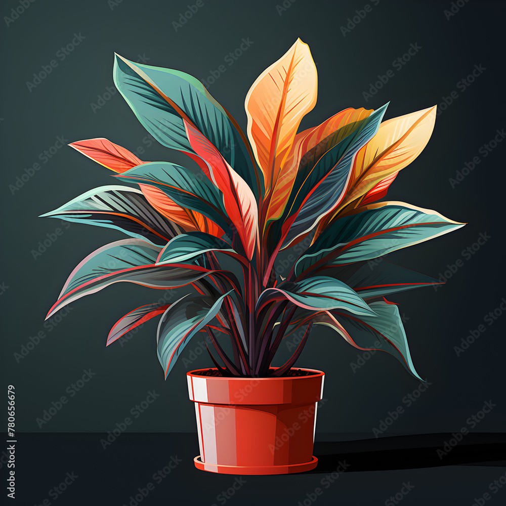 A potted plant with green leaves and red pot sits on a table. The plant ...