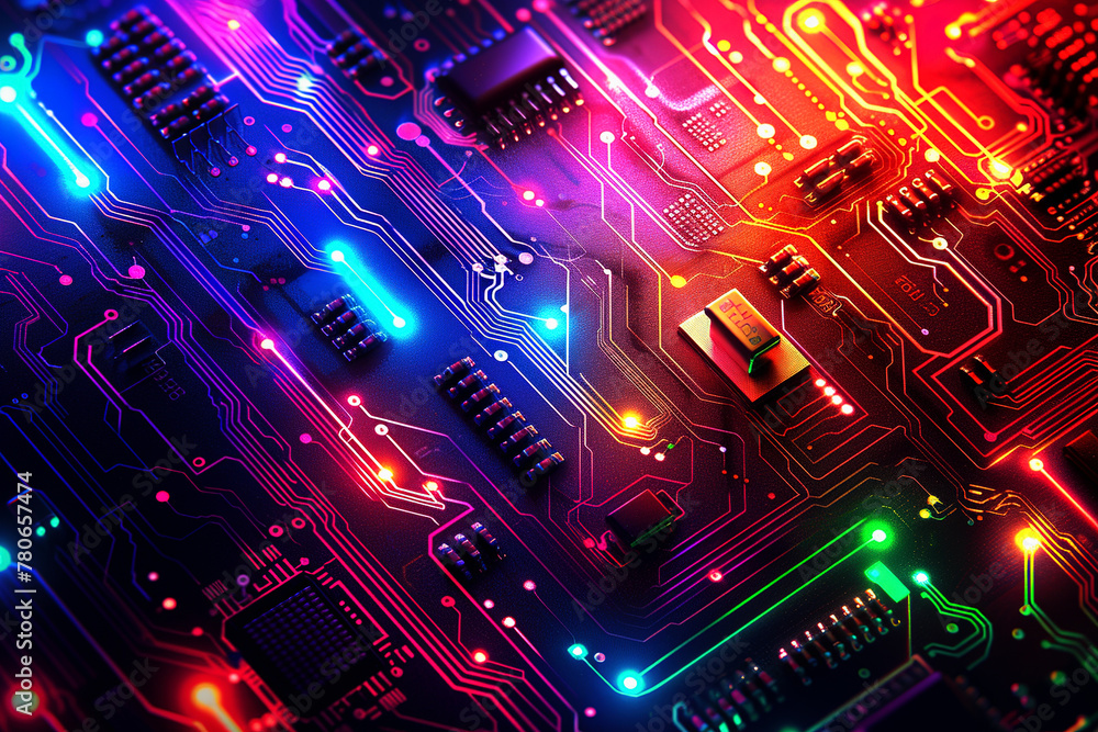 Modern Chipset motherboard digital picture with colorful neon lines and ...