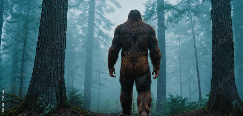 bigfoot in a forest in the wilderness walking between tall trees ...
