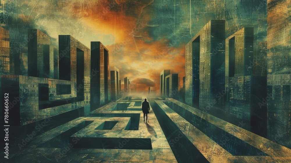 Dystopian cityscape with a labyrinth-like structure and a lone figure ...