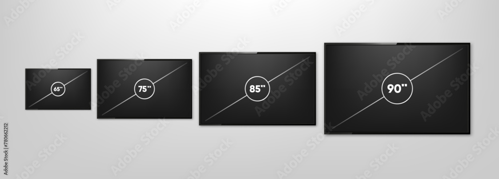 TV Screen Sizes. Smart TV icon collection. Diagonal screen size in 65 ...