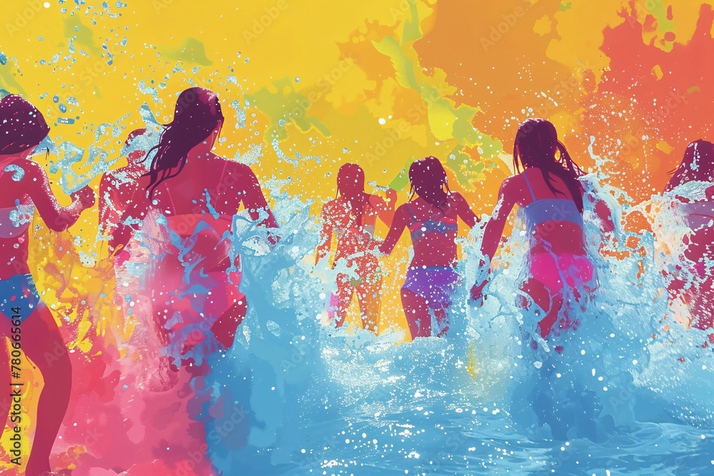Colorful figures in water with splashes in a vivid summertime activity ...