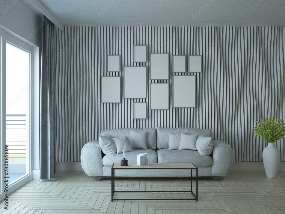 nowoczesny salon z dużą sofą i drewnianą ozdobną ścianą z lamelami i ...