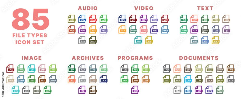 This image is a set of 85 icons related to different file types and ...