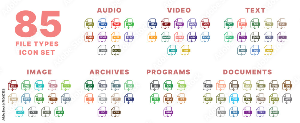 This image is a set of 85 icons related to different file types and ...