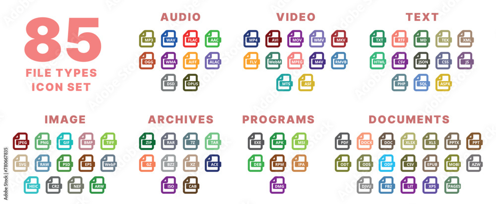 This image is a set of 85 icons related to different file types and ...