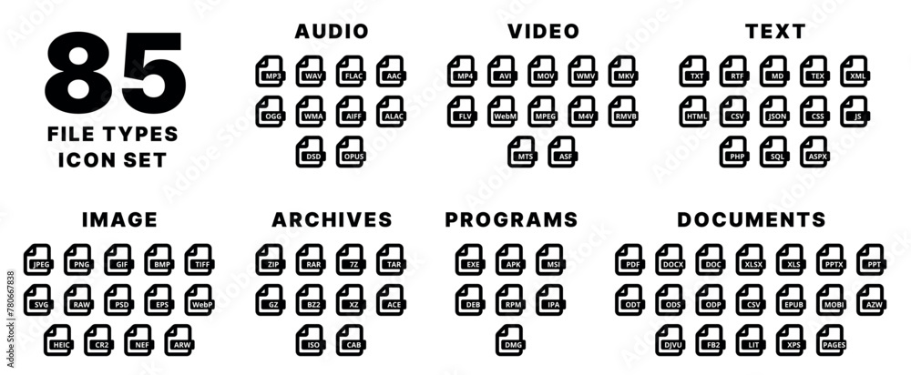 This image is a set of 85 icons related to different file types and ...
