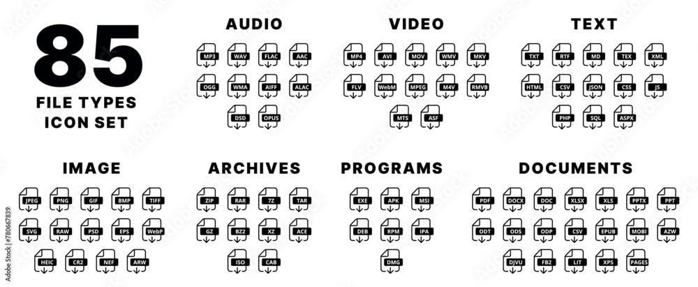 This image is a set of 85 icons related to different file types and ...
