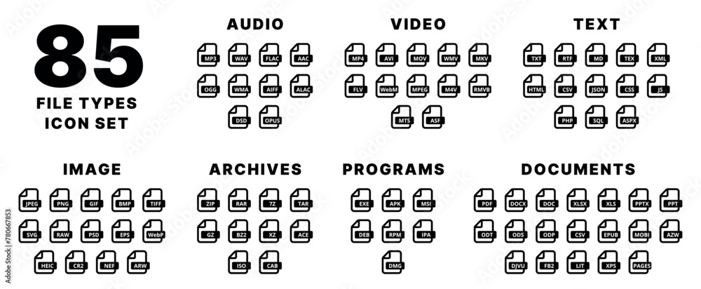 This image is a set of 85 icons related to different file types and ...