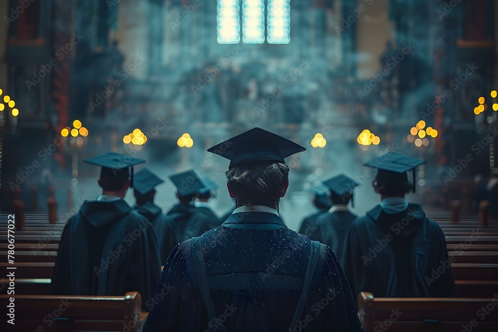 Students participating in university graduation ceremony from behind in ...