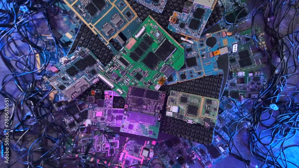 Many printed circuit boards of digital computer chips lying on a ...