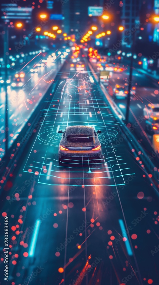 Autonomous vehicle, moving through traffic, sensors the vehicle, energy ...