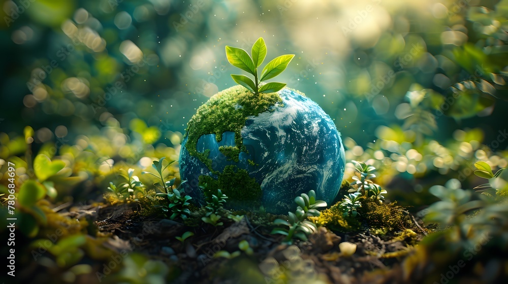 Tokenized carbon credits, depicted as a vibrant, flourishing earth grow ...