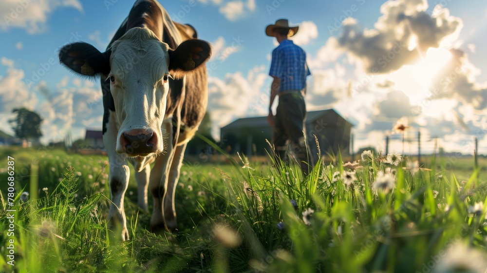 Realistic portrayal of a dairy cow being gently led by a farmer into a ...