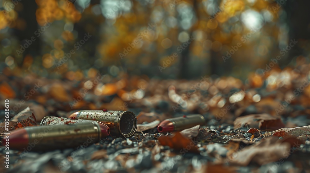 High resolution cinematic image of shotgun shells laying on the ground ...