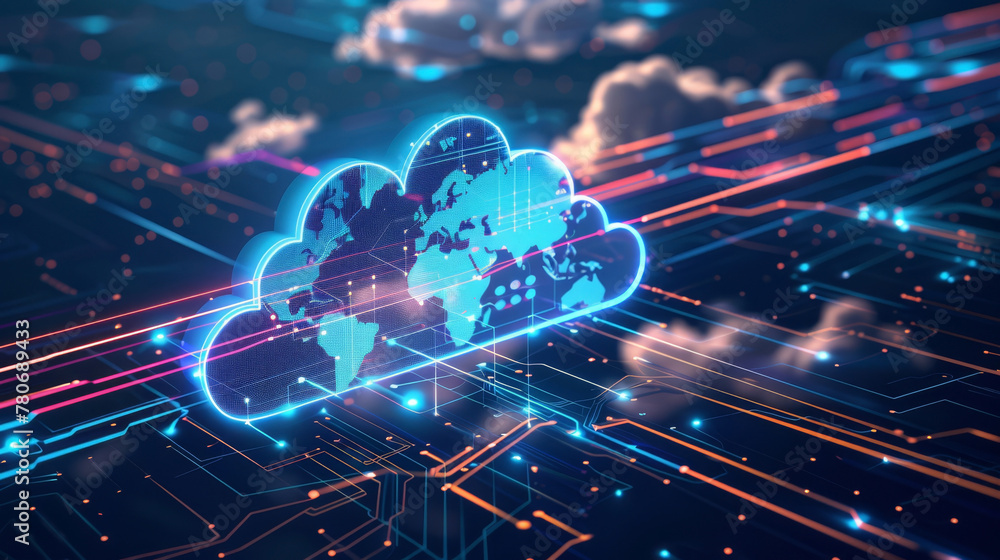 Abstract representation of cloud computing infrastructure, overlaying a ...