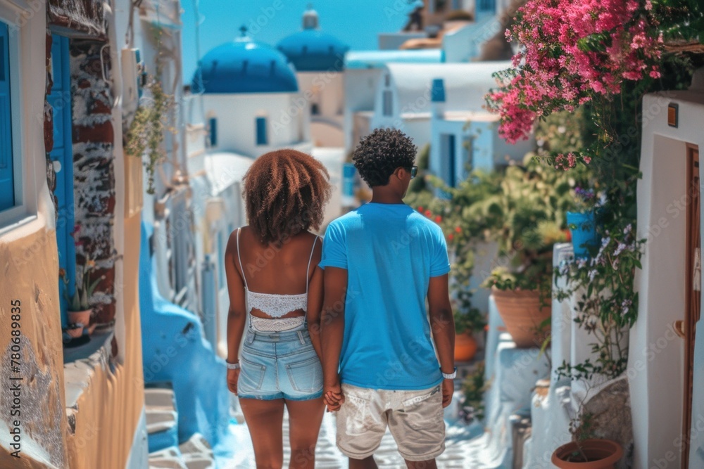 Charming Santorini Streets Romantic Couple Holding Hands, Enjoying a ...