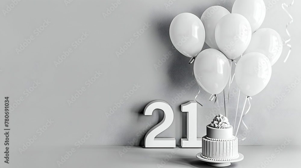 A chic and minimalist 21st birthday setup with white balloons and cake ...