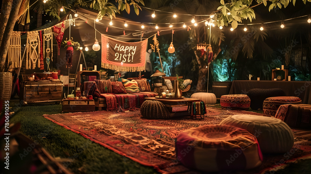 A bohemian-themed 21st birthday party setup outdoors at night, with ...