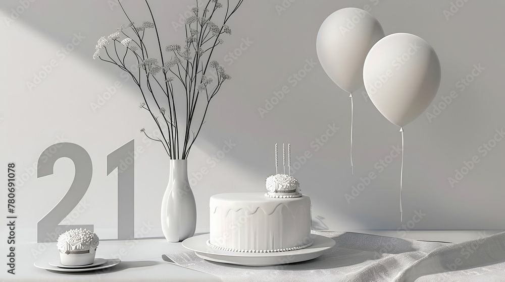 Stylish monochromatic birthday setting featuring a white cake, balloons ...