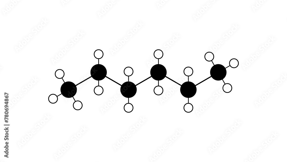 hexane molecule, structural chemical formula, ball-and-stick model ...