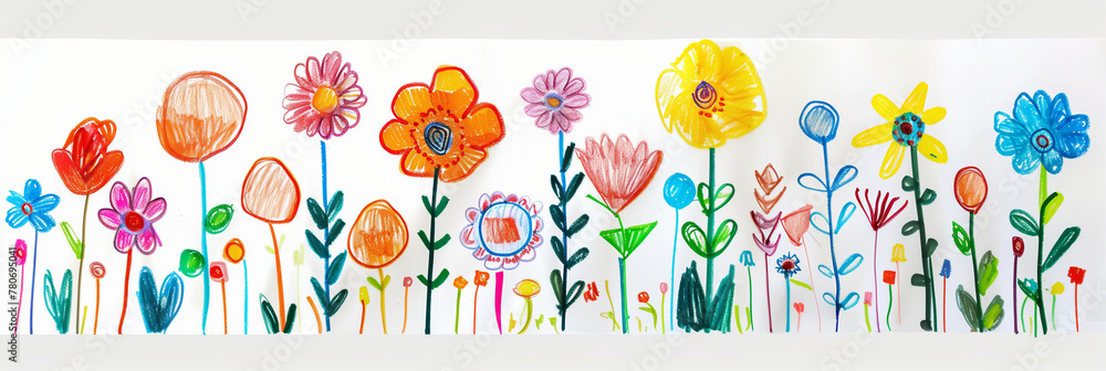 childs crayon drawing of flowers, scribble marks and pencil marks ...