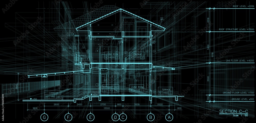 Architecture Section design overlay 3d wireframe perspective resident ...
