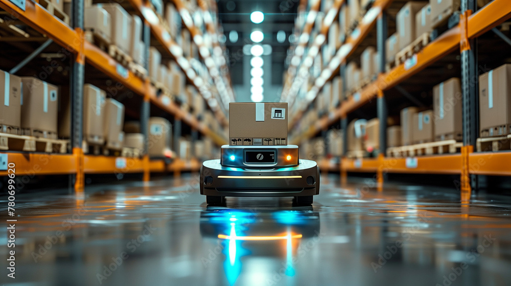 Autonomous Robot Navigating Aisle With Packages in Modern Warehouse During Late Night Shift ...
