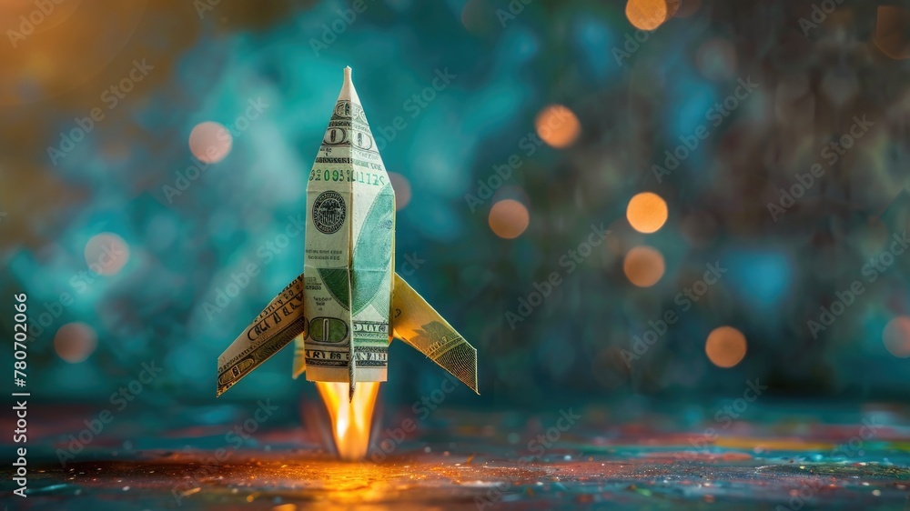 Capture the excitement of a money rocket launch against an office backdrop, symbolizing a ...