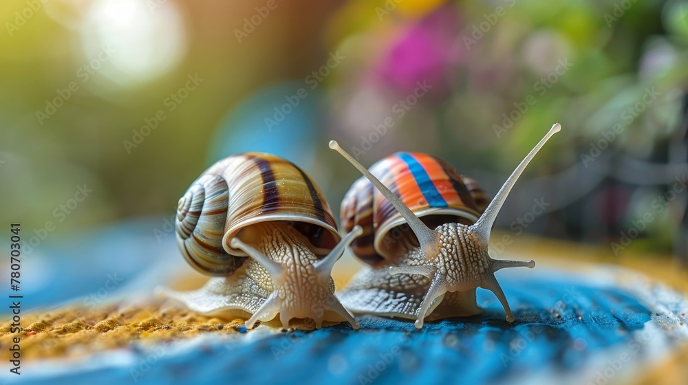 Snails racing on a miniature track, wearing tiny helmets and racing ...