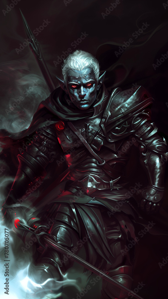 Male drow warrior, white short hair, intense glowing red eyes, wearing ...