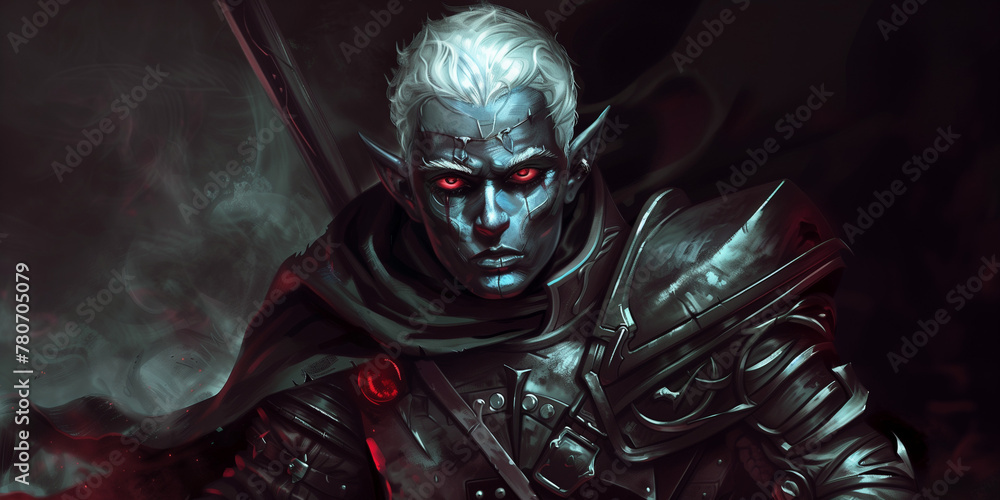 Male drow warrior, white short hair, intense glowing red eyes, wearing ...